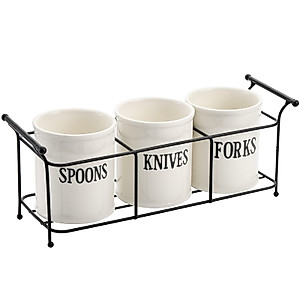 Bekith 3-Piece White Ceramic Silverware Caddy with Black Metal Rack, Utensil Holder Flatware Caddy Cutlery Storage Organizer for Kitchen Table, Cabinet or Pantry