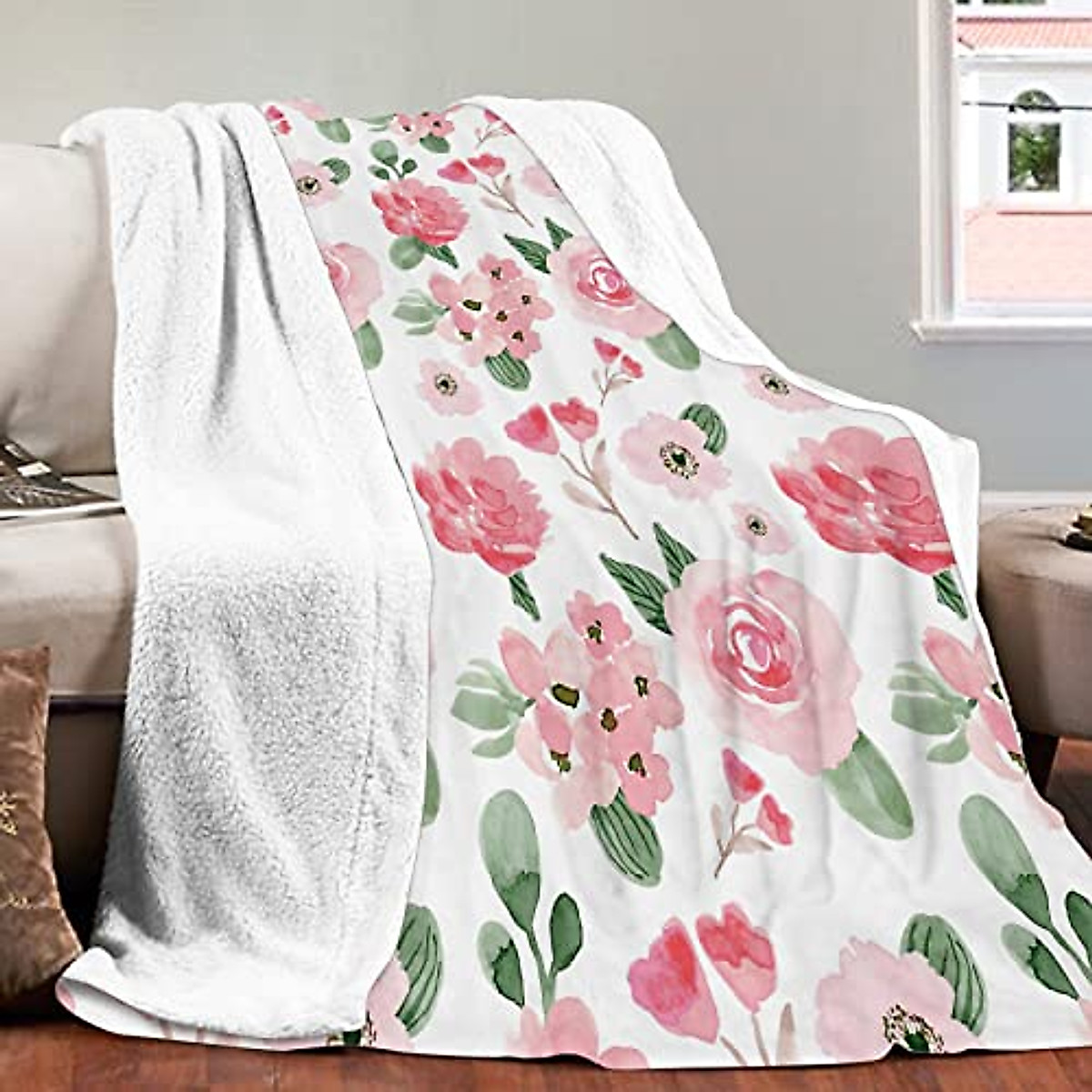 Floral Throw Blanket, Pink Rose Floral Throw Blanket, Soft Cozy Flannel Flower Blankets, Fluffy Fuzzy Rosebuds Wildflowers Print Blankets for Girls Women Gifts Home Sofa Couch Bed Decor, 50x60 Inch
