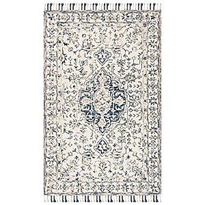 SAFAVIEH Aspen Collection Accent Rug - 4' x 6', Ivory & Blue, Handmade Boho Braided Tassel Wool, Ideal for High Traffic Areas in Entryway, Living Room, Bedroom (APN125A)
