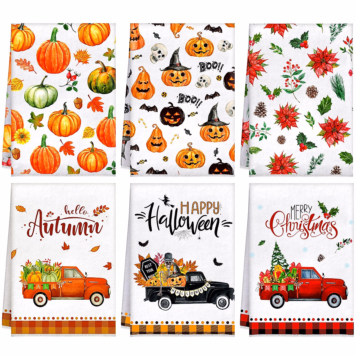 6 Set Holiday Kitchen Towels for Halloween Fall Christmas Decorative Dishtowels,Halloween Hand Towels Absorbent Dishcloths Autumn Tea Towels Wash Cloths for Thanksgiving Christmas Kitchen Decor