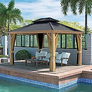 HAPPATIO 10' x 12' Hardtop Gazebo, Outdoor Wood Grain Frame Aluminum Gazebo, Double Roof Permanent Patio Gazebo Canopy with Netting and Curtains for Garden, Patio, Lawns, Parties (Beige)