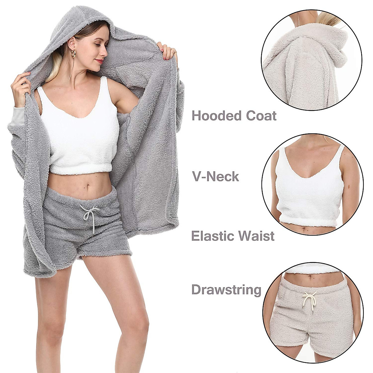 Womens Sexy Fuzzy Warm Sherpa Fleece 3 Piece Outfit Fleece Coat Jacket Pajamas Loungewear Outwear and Spaghetti Strap Crop Top Shorts Set (Grey, M)