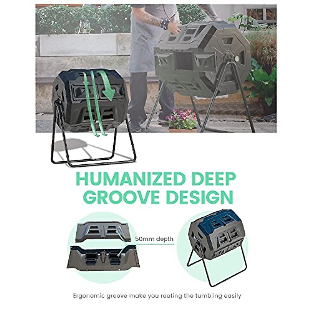 2021 Upgraded Tumbling Composter with Compost Thermometer - Dual Chamber Garden Compost Bin(43 Gal, Green)