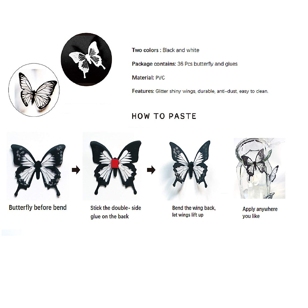 Butterfly Wall Stickers Decal, 36 PCS 3D Black and White Butterfly Stickers with Adhesive,Qyeaber Crystal Butterflies, Removable Art Mural for Baby Kids Bedroom
