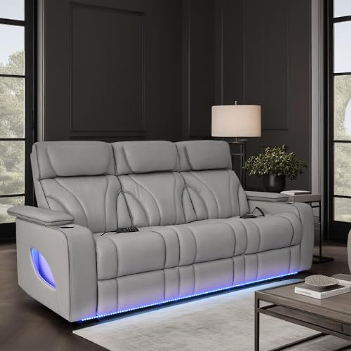 Armen Living Octavia Modern Zero Gravity Power Reclining Heated Massage Sofa, 86" Wide, Silver and Gray Top Grain Leather