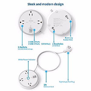 Power Strip with USB C, NTONPOWER Flat Plug Power Strip with USB Ports, 3 Widely Spaced Outlets, Extension Cord with Multiple Outlets, Small and Compact Size,100-240V for International Travel