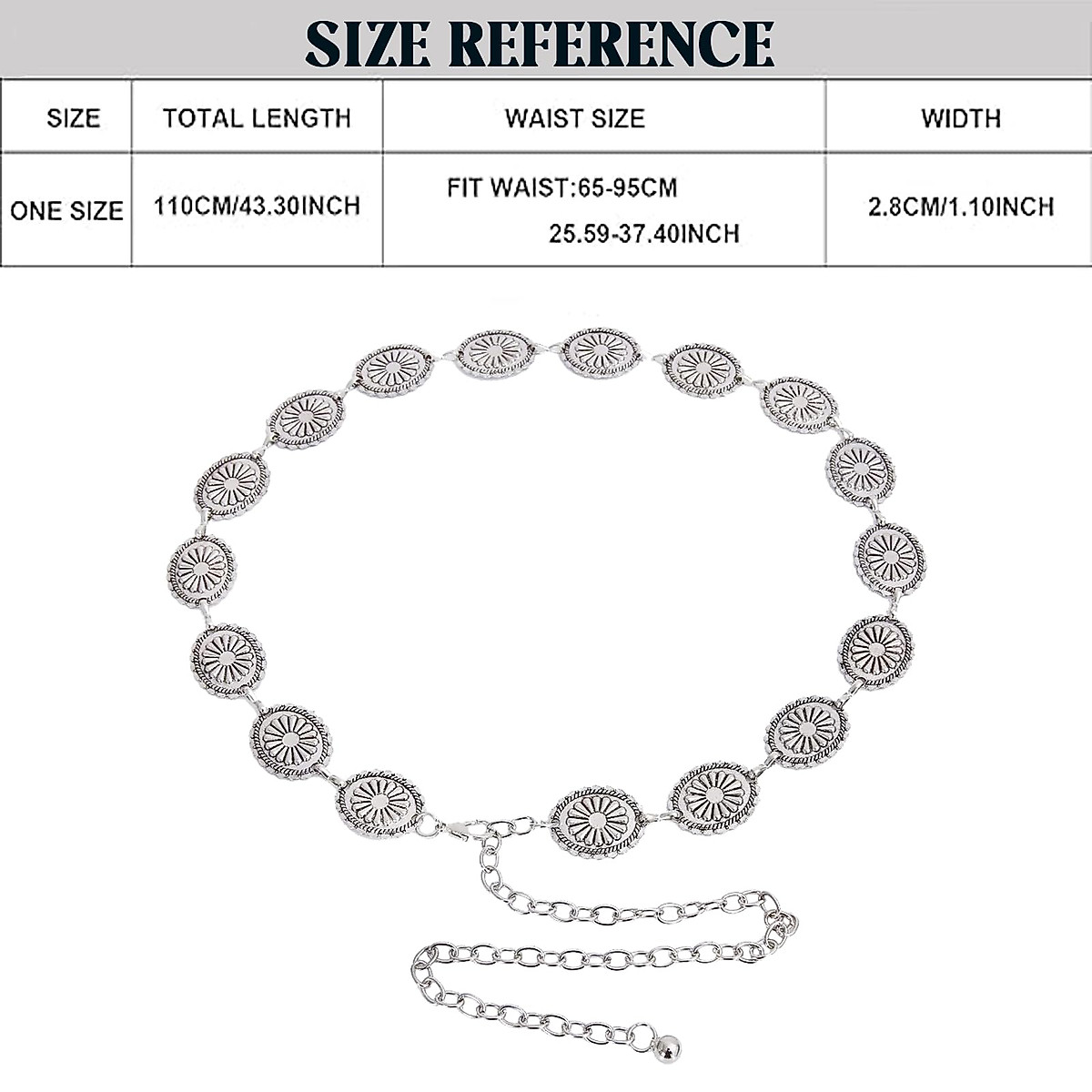 Tatibana Women Boho Chain Belts, Western Cowgirl Waist Links Belt Adjustable Metal Concho Metal Chain Hollow Out Daisy Decorated Skinny Waist Belt For Dresses