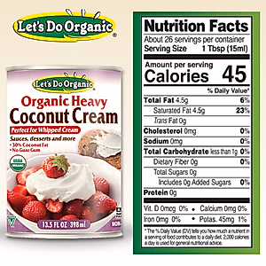Let's Do Organic Heavy Coconut Cream – Canned Coconut Cream, Whipped Cream, Heavy Cream, No Guar Gum, Dairy Free, USDA Organic – 13.5 Fl Oz