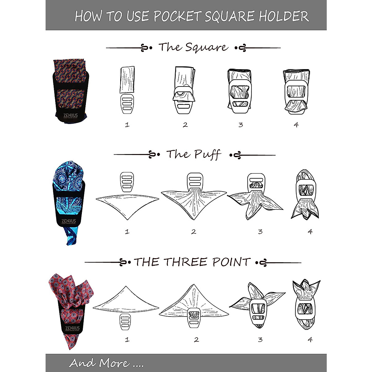 ZENXUS Printed Pocket Squares 8-Pack, plus 3 Folds Holder, Penetrating Printed Men's Handkerchiefs, Sewn by Hand