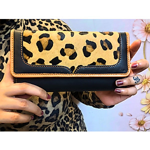 Leather Book® LW-1802 TAJ Leopard Ladies Wallet|11 card slots|1 card window|4 slide pockets|1 zip compartment pocket| 1 back silver metal zip pocket | Black, Tan Cowhide & Jersey leopard Print Leather