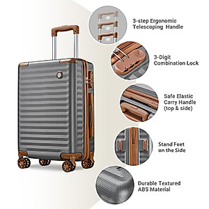 Joyway Carry on Luggage 20 Inch Suitcases with Spinner Wheels, Hard Shell Luggage Sets 3 Piece Travel Suitcase Set with Combination Lock(20-In, Grey Brown)