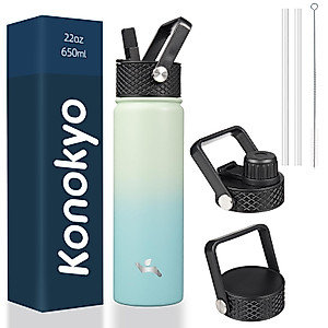 Konokyo 22oz Stainless Steel Water Bottles With 3 Lids Sport Insulated Water Bottle,Mint