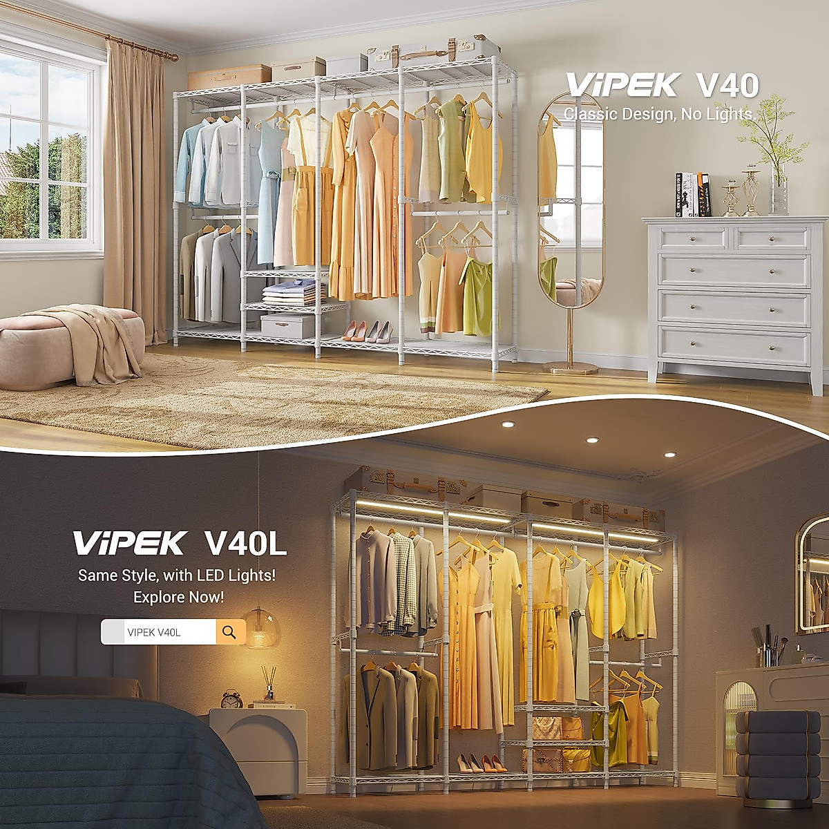 VIPEK V40 Wire Garment Rack Heavy Duty Clothes Rack for Hanging Clothes, Multi-Functional Bedroom Clothing Rack Freestanding Closet Wardrobe Rack, 76" L x 15.7" W x 76.4" H, Max Load 1110lbs, White