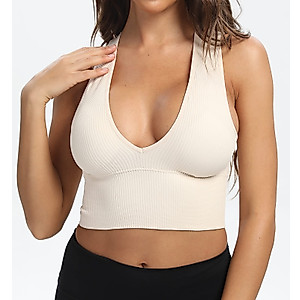 Venbond Women's Sexy Sleeveless Seamless Crop Top Deep Plunge V Neck Ribbed Tank Top with Removable Pads (Light Nude, M)