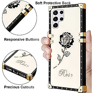 for Samsung S23 Ultra 5G Phone Case,Babemall Luxury Bling Diamond Rose Stylish Protective TPU Cover with Reflective Neck Strap （White）