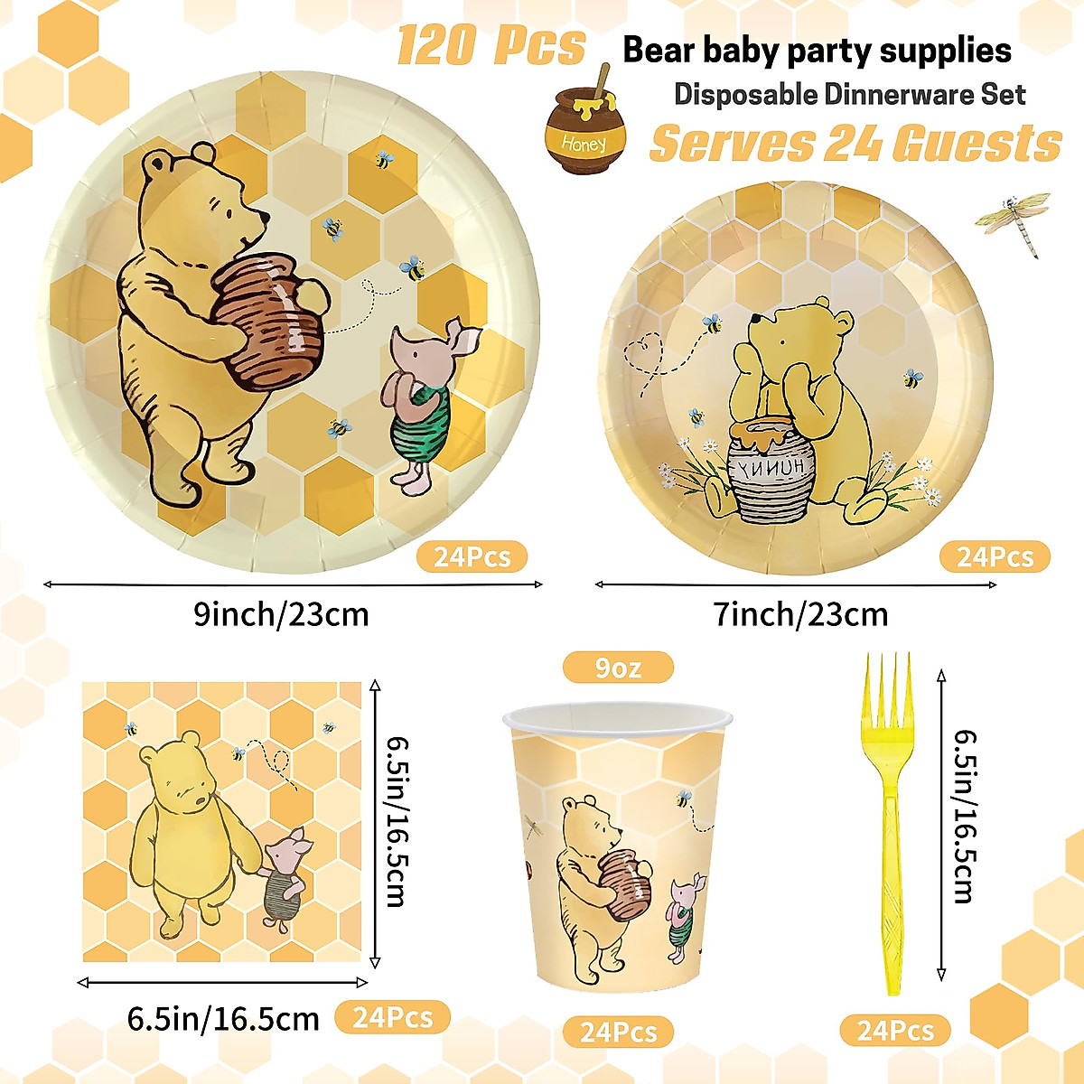 AURORAPARTY 120pcs Classic Winnie Bear Baby Shower or Birthday Party Supplies Baby Shower Plates Napkins Cups Gender Neutral Baby Shower Decoration Tableware Set Serves 24 Guests