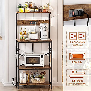 SUPERJARE Kitchen Bakers Rack with Power Outlet, Coffee Bar Table 4 Tiers, Kitchen Microwave Stand with 6 S-shaped Hooks, Kitchen Storage Shelf Rack for Spices, Pots and Pans - Rustic Brown