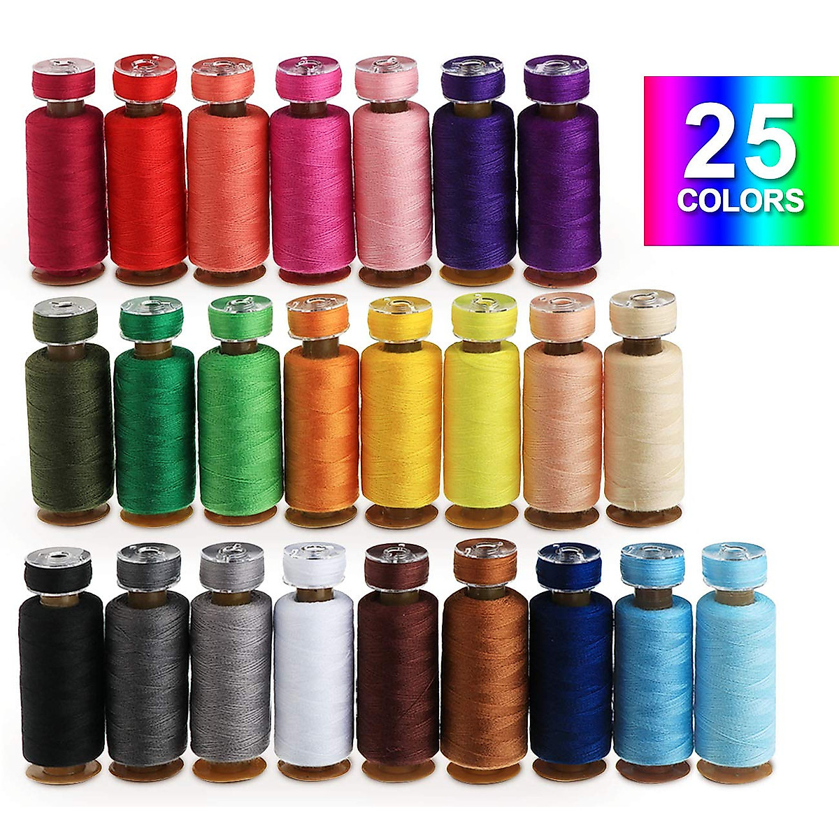 ilauke 50Pcs Bobbins Sewing Threads Kit, 400 Yards per Polyester Thread Spools, Prewound Bobbin with Case for Brother Singer Janome Machine, 25 Colors
