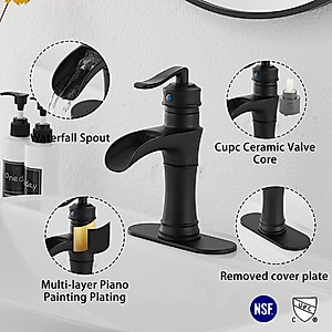 Waterfall Bathroom Faucet GGStudy Black Single Handle One Hole Farmhouse Matte Black Bathroom Vanity Faucet Basin Mixter Tap Deck Mount with Drain Assembly