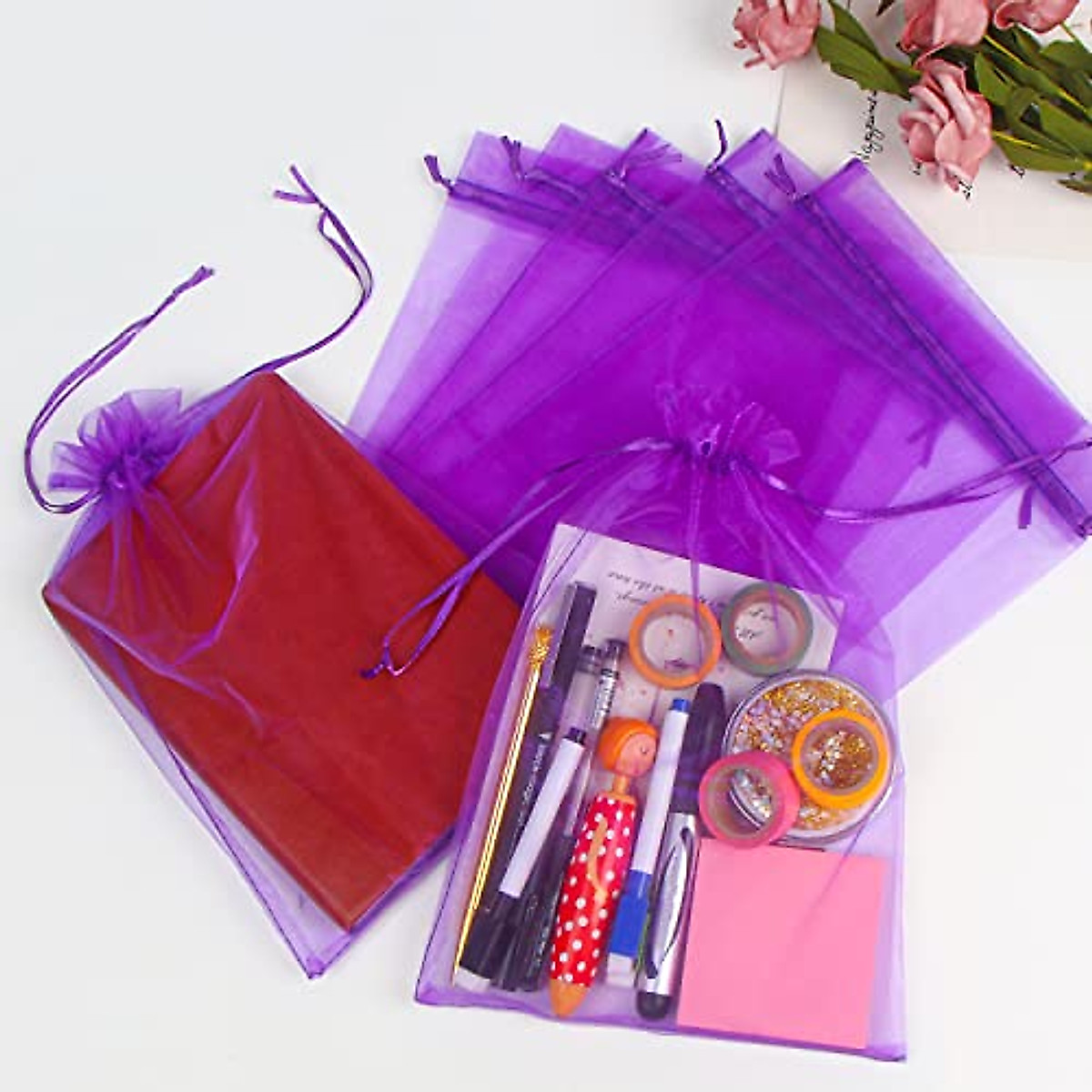 SULOLI 50Pcs Organza Jewelry Bags,8x12 inches Purple Organza Gift Bags with Drawstring Mesh Jewelry Bag for Presents