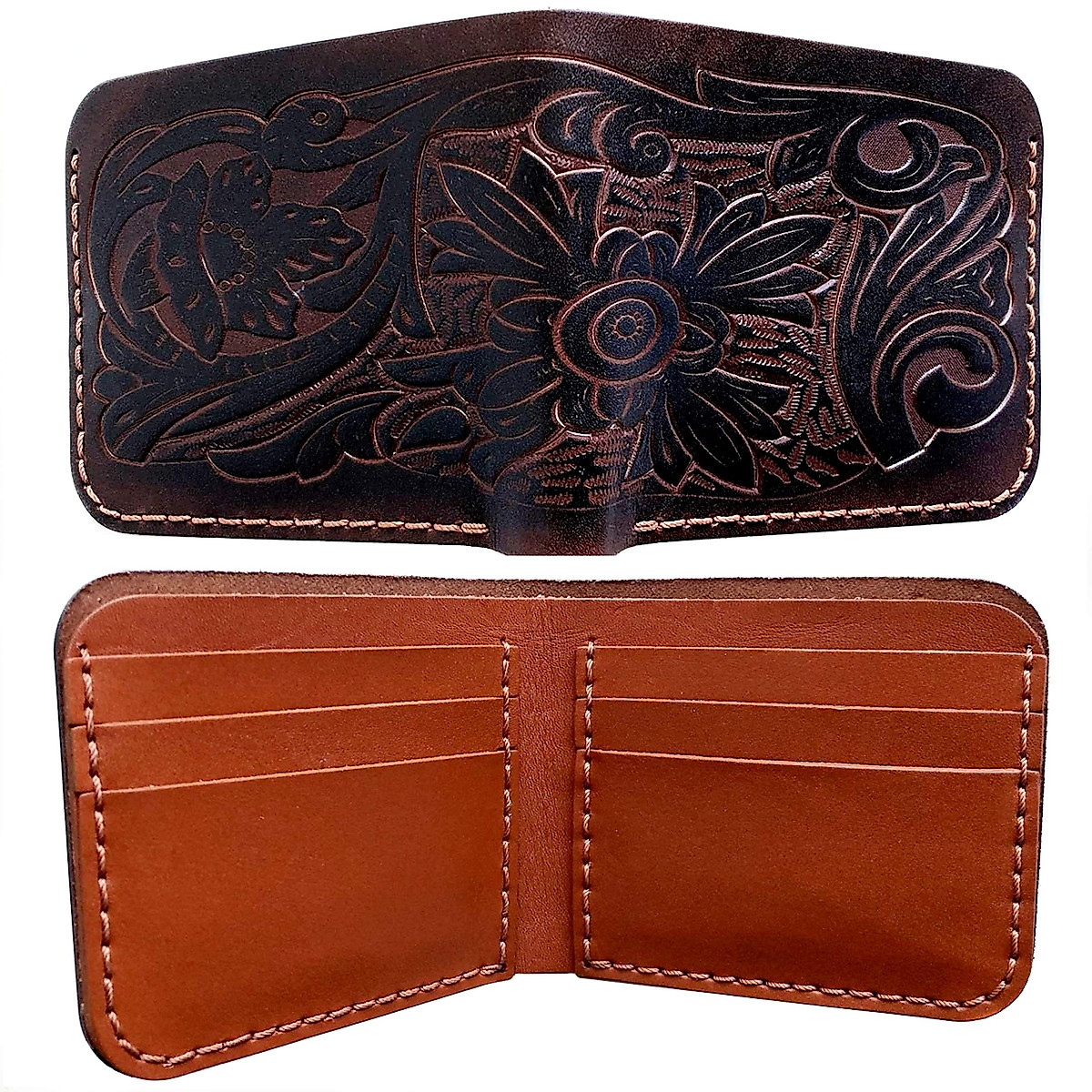 NICKSTON Brown Tooled Genuine Leather Wallet with Floral Motifs Unisex Men Women Crafted Carved Engraved Embossed Strong Stitched Compartments for ID Banknotes Cards Luxury Gift for Her Him