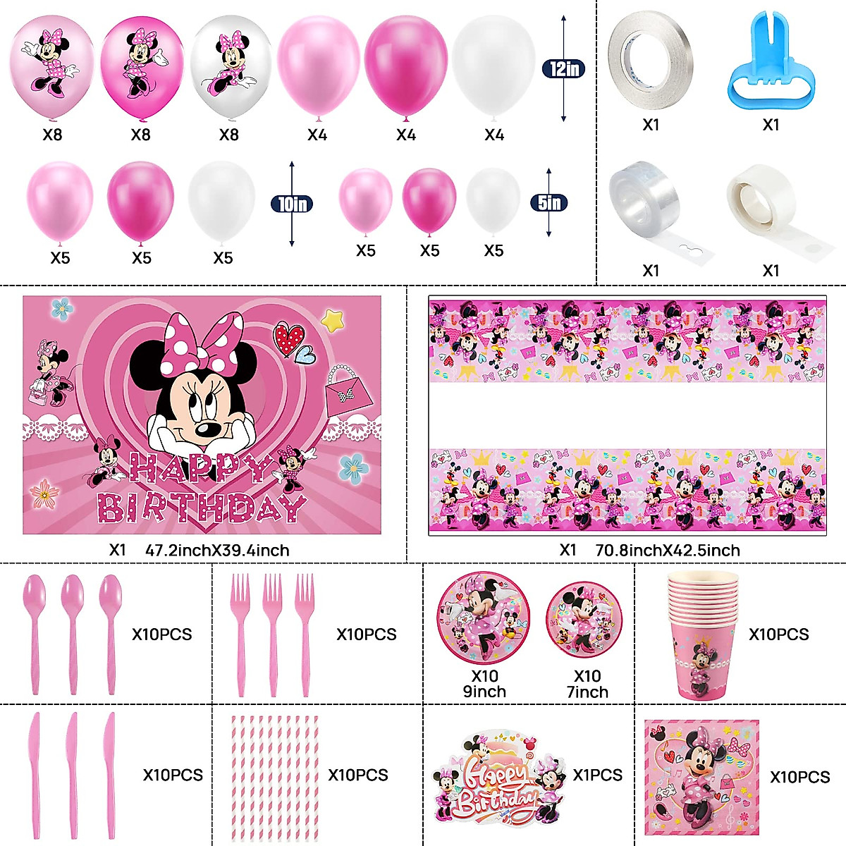 Pink Mouse Birthday Party Supplies Decorations, Mouse Theme Backdrop,Pink Mouse Tablecloth Balloons Kit Cups Plates Napkins Tableware Set for Kids Birthday Party Supplies Party Favor