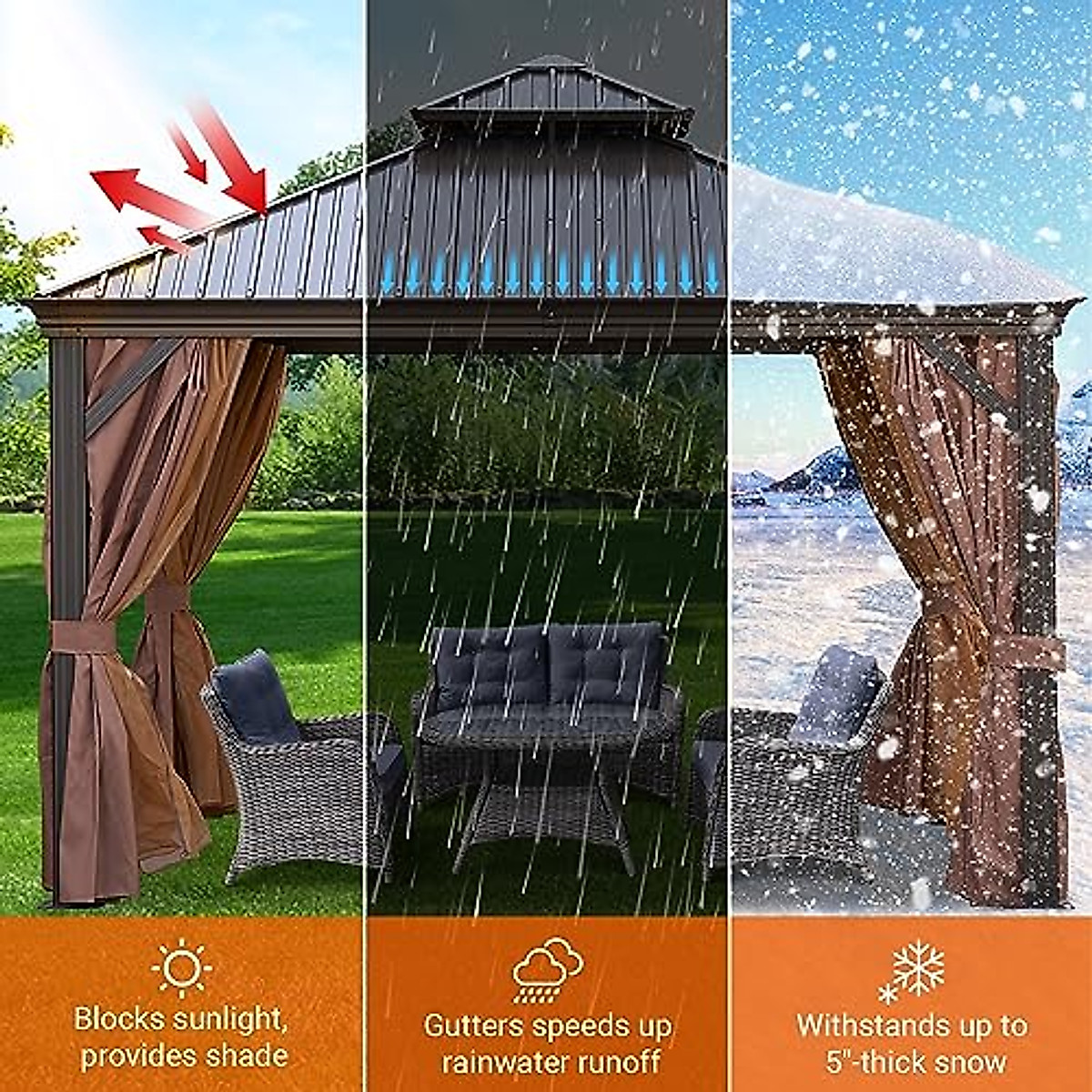 Zevemomo 12x12 ft Hardtop Gazebo, All Weather Outdoor Gazebo with 2 Tiered Steel Roof and Aluminum Frame, Permanent Gazebo with Mosquito Netting and Curtains for Deck, Patio, Backyard, Dark Brown