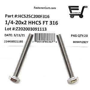 1/4-20x2 Stainless Steel Hex Cap Screws Hex Bolts 316 Marine Grade Stainless Steel Full Thread - (20 pcs)
