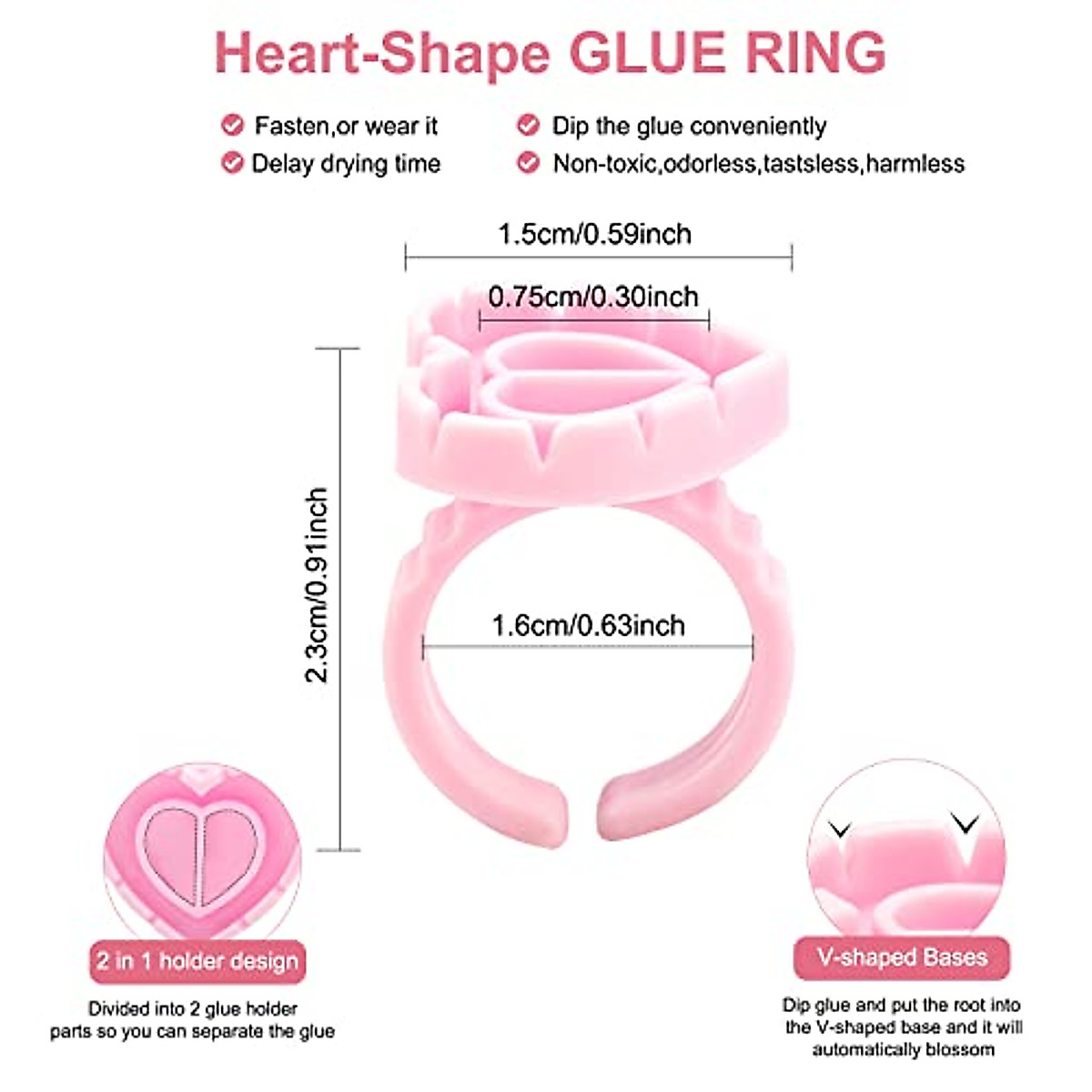 100PCS Disposable Glue Rings for Eyelash Extensions - Heart-Shaped Lash Fan Blossom Supplies with Storage Box - Perfect for Professional Beauty Salons and Individual Lash Techs - Pink