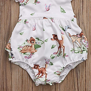 Newborn Toddler Infant Baby Girls Clothes Christmas Bambi Deer Romper+Headband Ruffle Flutter Sleeve Bodysuit Backless Sunsuit Birthday Playsuit 2pcs Outfit Set White 0-6 Months