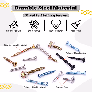 Hilitchi 320Pcs Self Drilling Self Tapping Screws Stainless Steel Zinc Plated Phillips Flat Head Bugle Head Pan Head Wafer Head Screw Assortment Kit for Wood Screws, Sheet Metal Screws, and Drywall