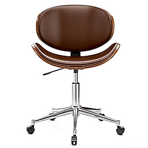 OKAKOPA Modern Office Chair, Leather Desk Chair Armless, 360° Swivel Height Adjustable w/Wheels Curved Seat Small Office Chair Wood Desk Chairs Brown
