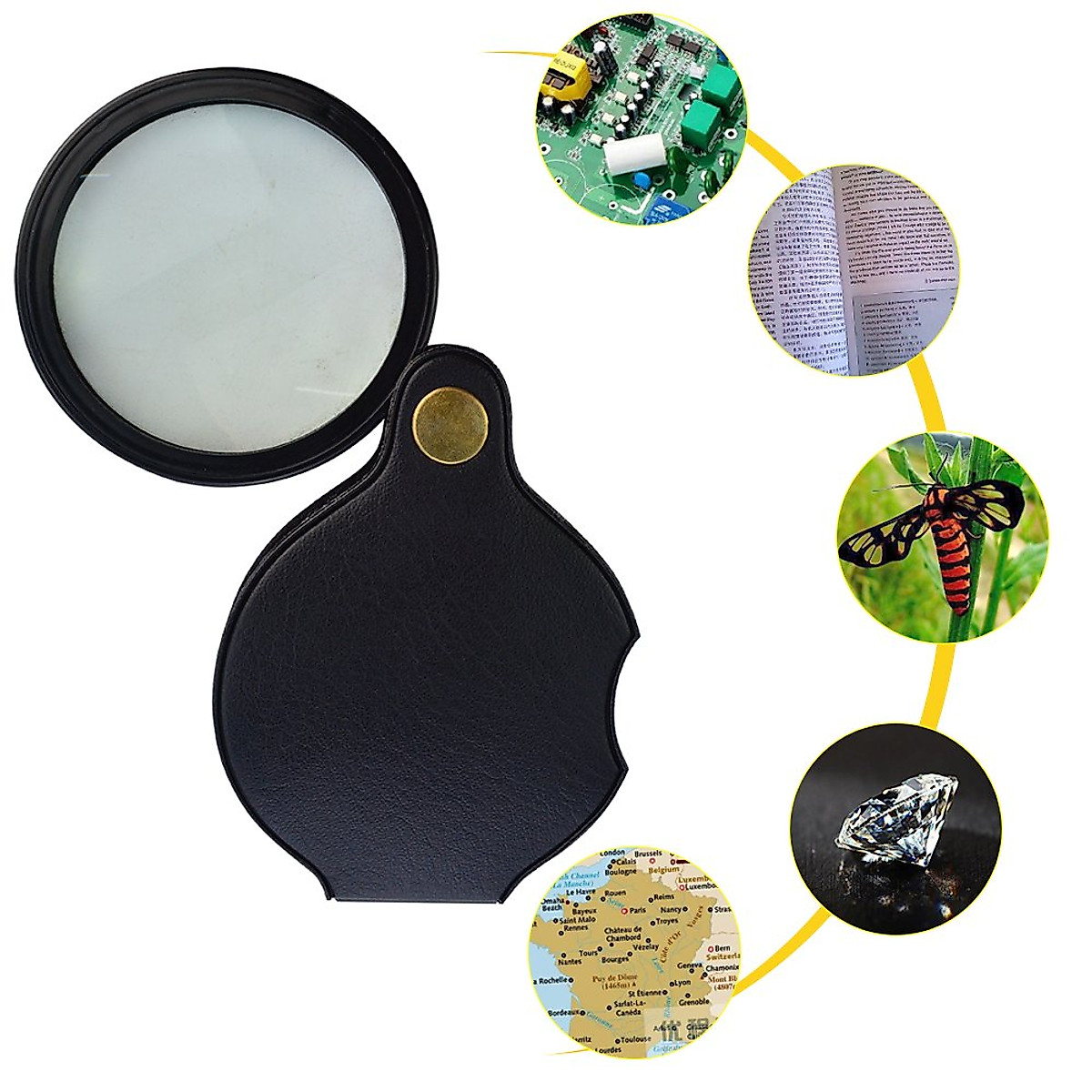 6X Mini Pocket Magnifying Glass Folding Pocket Magnifier Loupe with Rotating Protective Holster Leather Pouch for Reading,Science Class,Hobby (Black), 60mm/2.4"