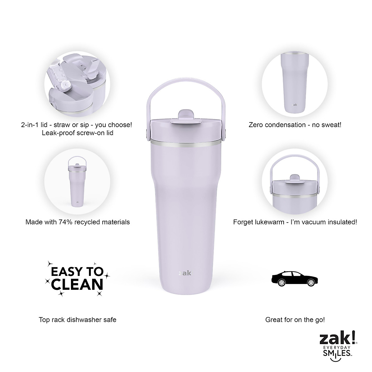 Zak Designs Harmony 2-in-1 Coffee Tumbler for Travel or At Home, 30oz Recycled Stainless Steel is Leak-Proof When Closed and Vacuum Insulated with Handle (Smoky Lilac Purple)