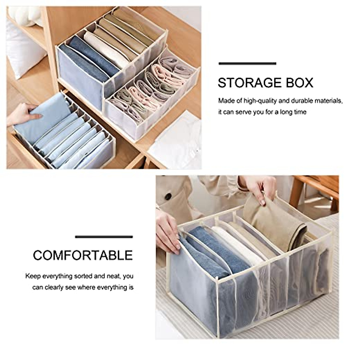 Cabilock Portable Closet Clothing Storage Bags 2PCS Wardrobe Clothes Organizer 7 Grids Jeans Storage Box Foldable Mesh Drawer Organizer for Bedroom Closet Wardrobe (Beige) Scarf Organizer