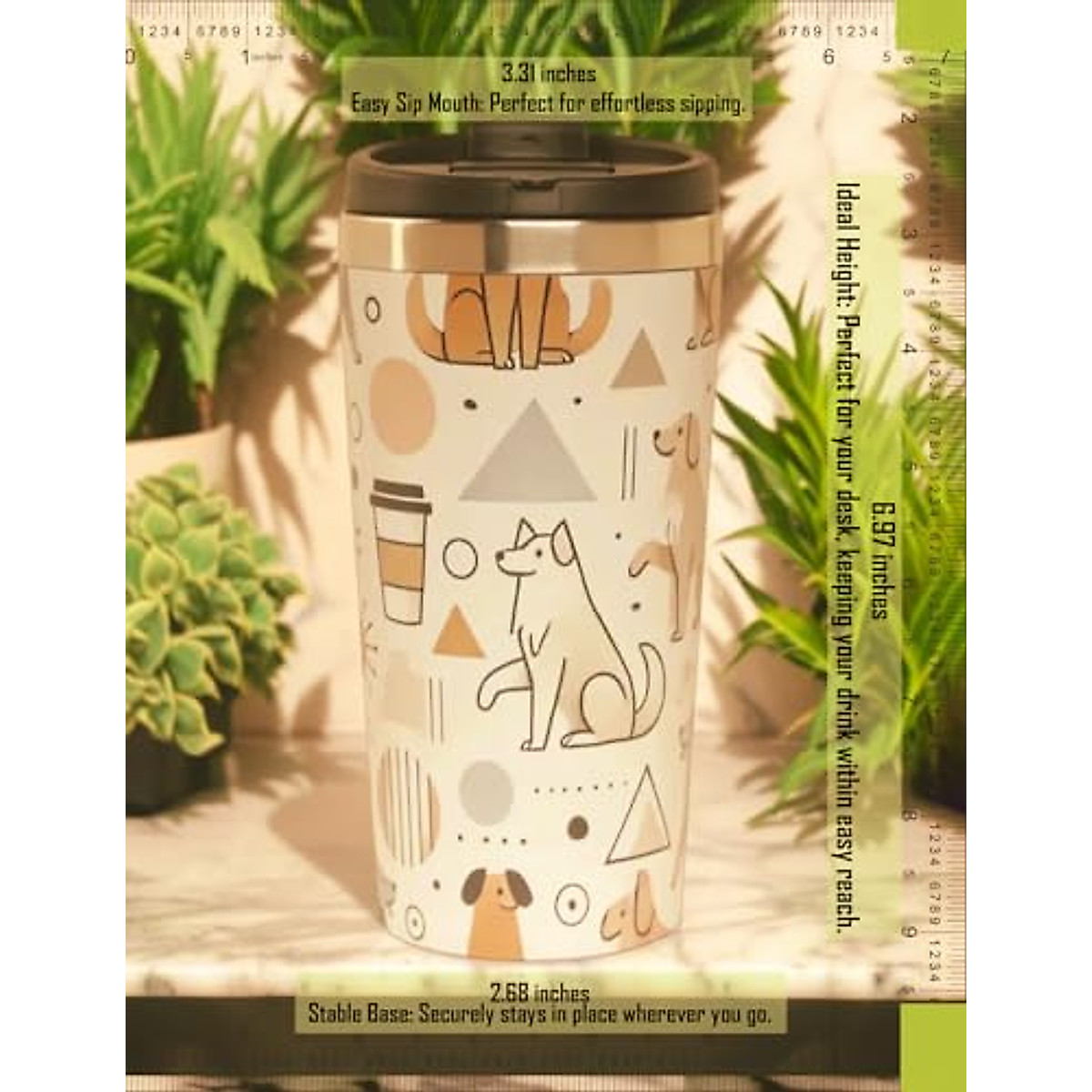 AetherSip 15 oz Dog Print Insulated Travel Mug; Cone-Shaped Stainless Steel Tumbler; Spill-Proof Flip Lid; Ideal for Coffee, Tea, and Cold Beverages