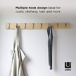 Umbra Flip Wall-Mounted Coat Rack Rail Hook for Hats, Jackets, Bags and More – Modern, Space-Saving Storage Organizer for Entryway, Mudroom, Closet, Bathroom, Bedroom, Kids Room, or Nursery, 8 Hooks, Natural/Nickel