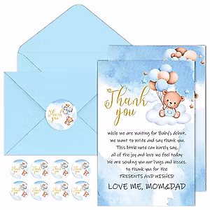 BYBOUS 50 Pack Baby Shower Thank You Cards with Envelopes Stickers - Cute Bear Baby Shower Cards - Baby Girl/Baby Boy Shower Thank You Notes Birthday Supplies, 4 x 6 Inch (Blue)