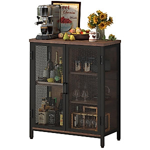 BON AUGURE Coffee Bar Cabinet for Liquor, Small Storage Cabinet for Home Kitchen, Farmhouse Buffet Sideboard Table Station, Whiskey Alcohol Cabinets for Dining Living Room (2 Doors, Rustic Oak)