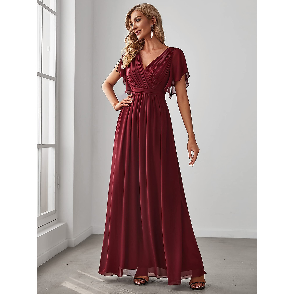 Ever-Pretty Women's Bridesmaid Dress V-Neck Ruffle Sleeves Ruched Bust Floor Length Chiffon Formal Dresses Burgundy US16