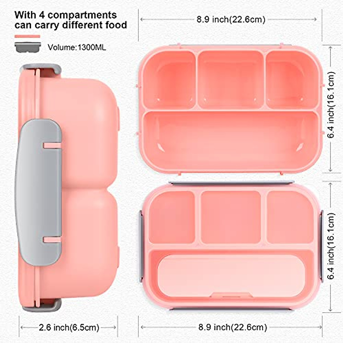 Lunch Box/ Containers for Adults/Kids/Toddler,1300ML-4 Compartment Bento Box,Microwave & Dishwasher & Freezer Safe, BPA Free (Pink)