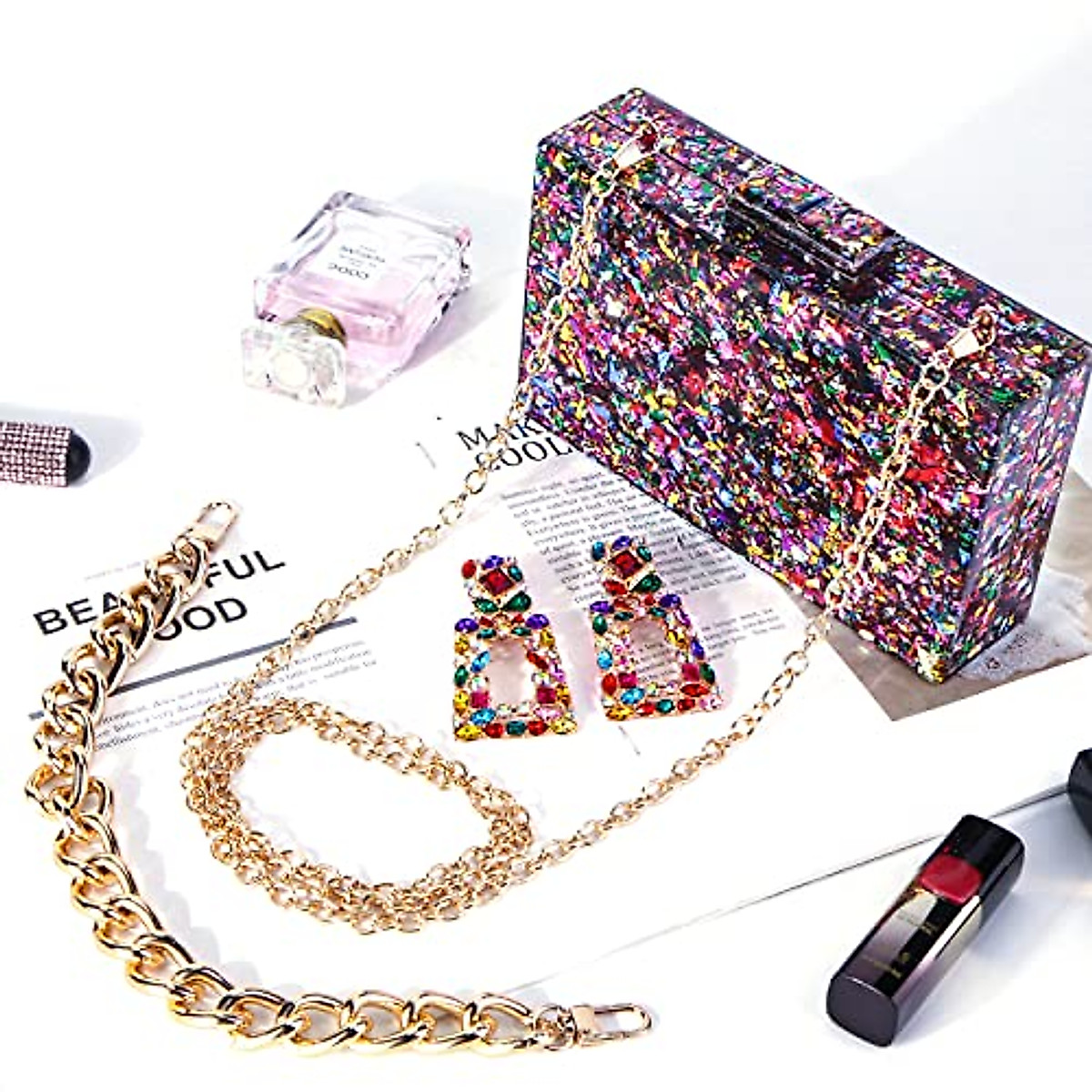 BOBOKA Acrylic Clutch Purses with Rhinestone Rectangle Dangle Earrings Glitter Purse for Women Multicolor Perspex Geometric Patterns Banquet Evening Bag Shoulder Crossbody Handbags