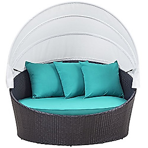 Modway Convene Wicker Rattan Outdoor Patio Retractable Canopy Round Poolside Sofa Daybed in Espresso Turquoise