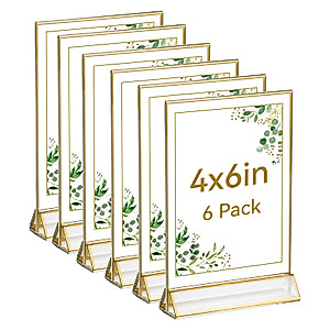 UNIQOOO Acrylic Sign Holders with Golden Border, Portrait View, Pack of 6 | 4x6 Inches Double Sided Clear Frame, Perfect for Wedding reception, Centerpiece, Decoration, Party,Anniversary, Event