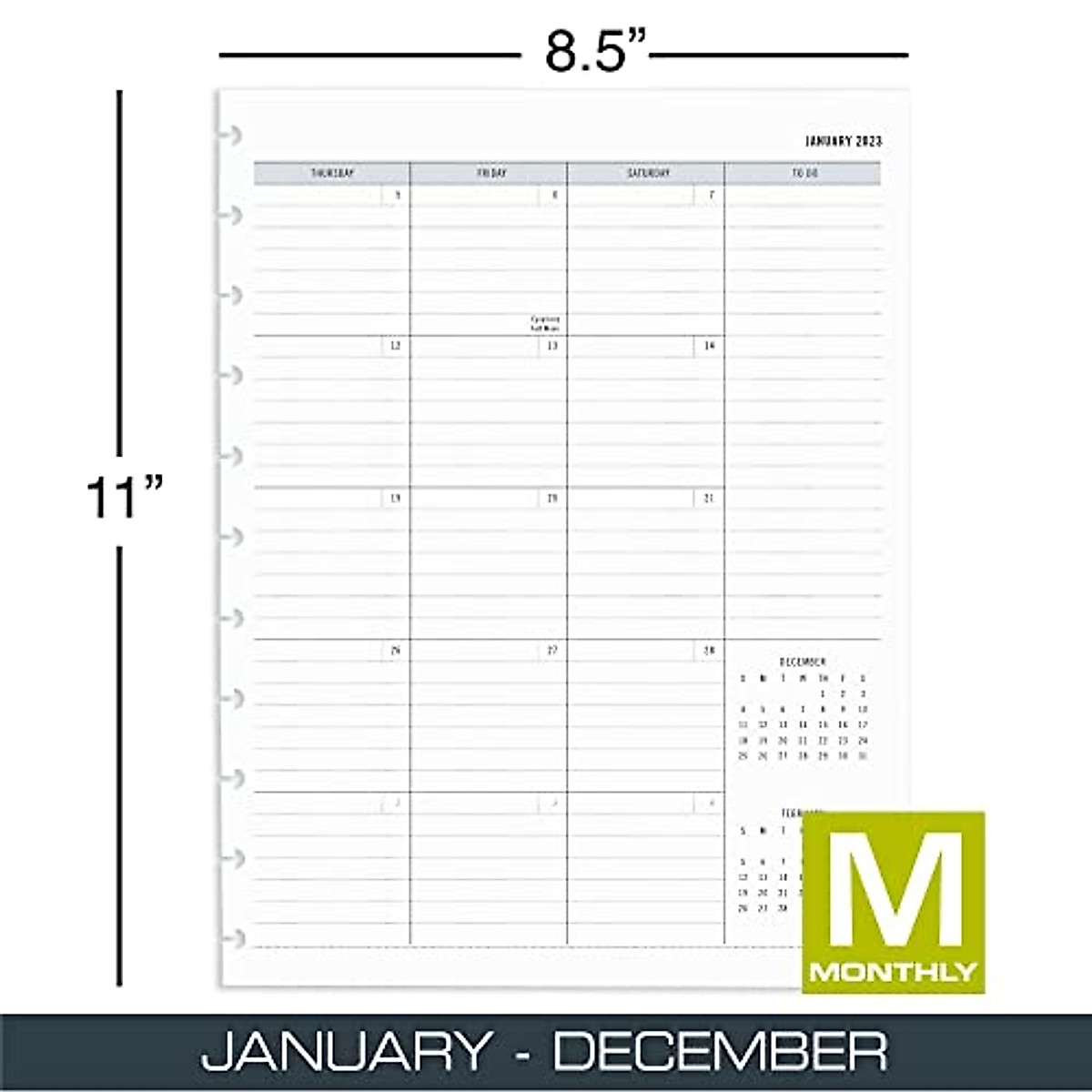 TUL® Discbound Monthly Planner Refill with 12 Tab Dividers, Letter Size, Gray, January to December 2023