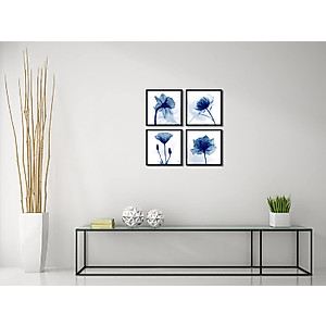 Pyradecor Black Framed Blue Flickering Flower Modern Abstract Paintings Canvas Wall Art Grace Floral Pictures on Canvas Prints 4 Panels Artwork for Bedroom Office Home Decorations