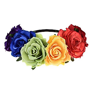 DreamLily Rainbow Rose Hawaiian Stretch Flower Headband for Garland Party (Rainbow)