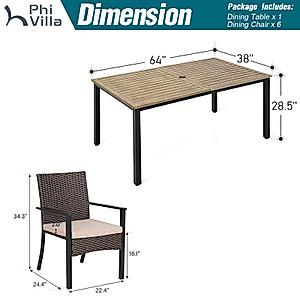 PHI VILLA 7 Pieces Patio Dining Set for 6, 65” Wood-Like Metal Steel Dining Table & Rattan Wicker Chairs with Cushions, Large Dining Furniture Set for Outdoor Deck, Yard, Porch