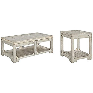 Signature Design by Ashley Fregine Farmhouse Rectangular Lift Top Coffee Table with Floor Shelf, Whitewash with Weathered Finish