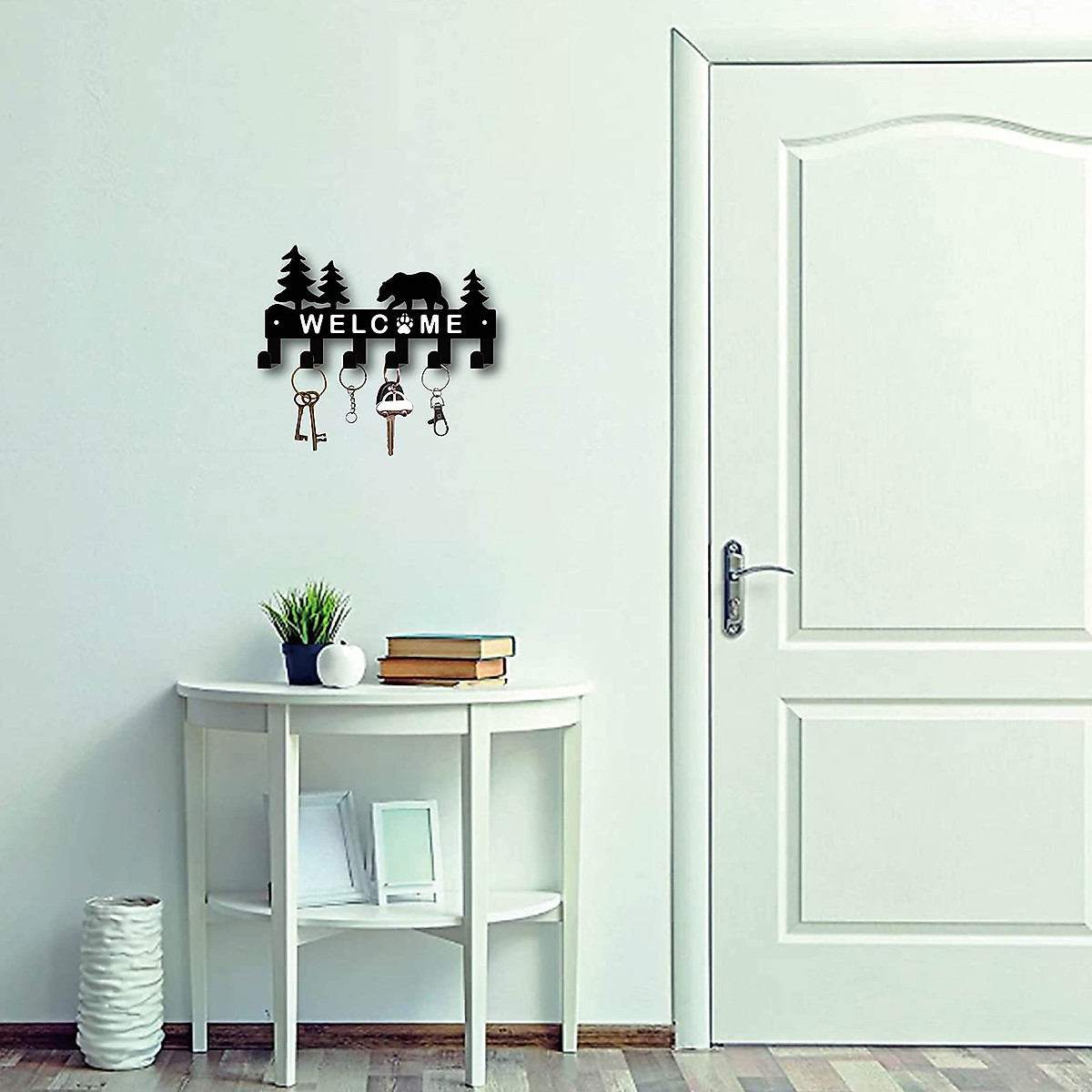 CREATCABIN Metal Key Holder Black Key Hooks Wall Mount Hanger Decor Iron Hanging Organizer Rock Decorative 6 Hooks Welcome Bear for Home Housewarming Gift Entryway Cabinet Hat Towel 10.6 x 5.5inch